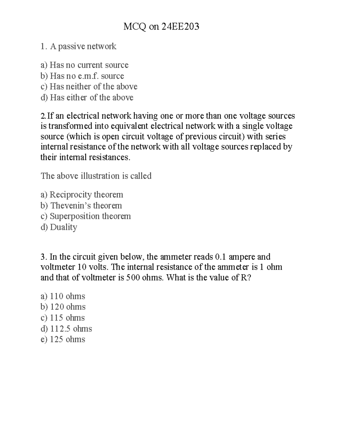 MCQ on 24EE203 Electric Circuit Analysis - Studocu