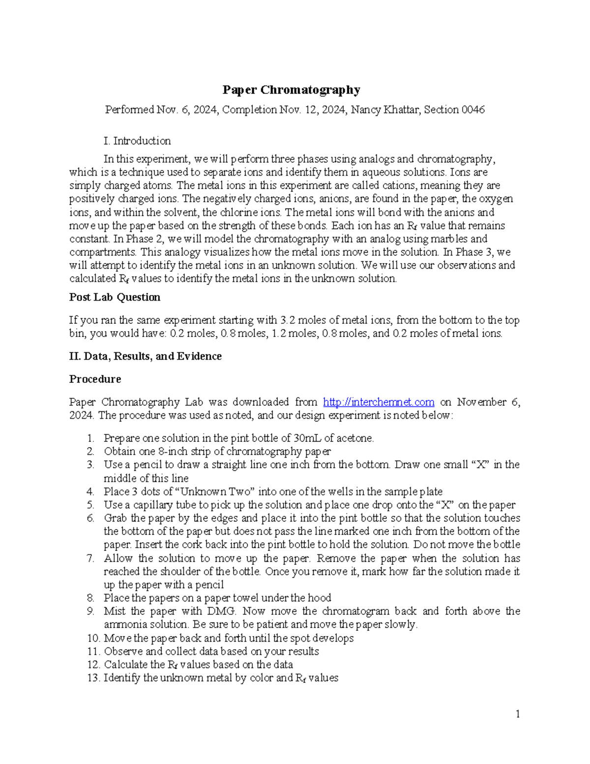 Paper Chromatography Lab Report - Section 0046, Nov. 2024 - Studocu