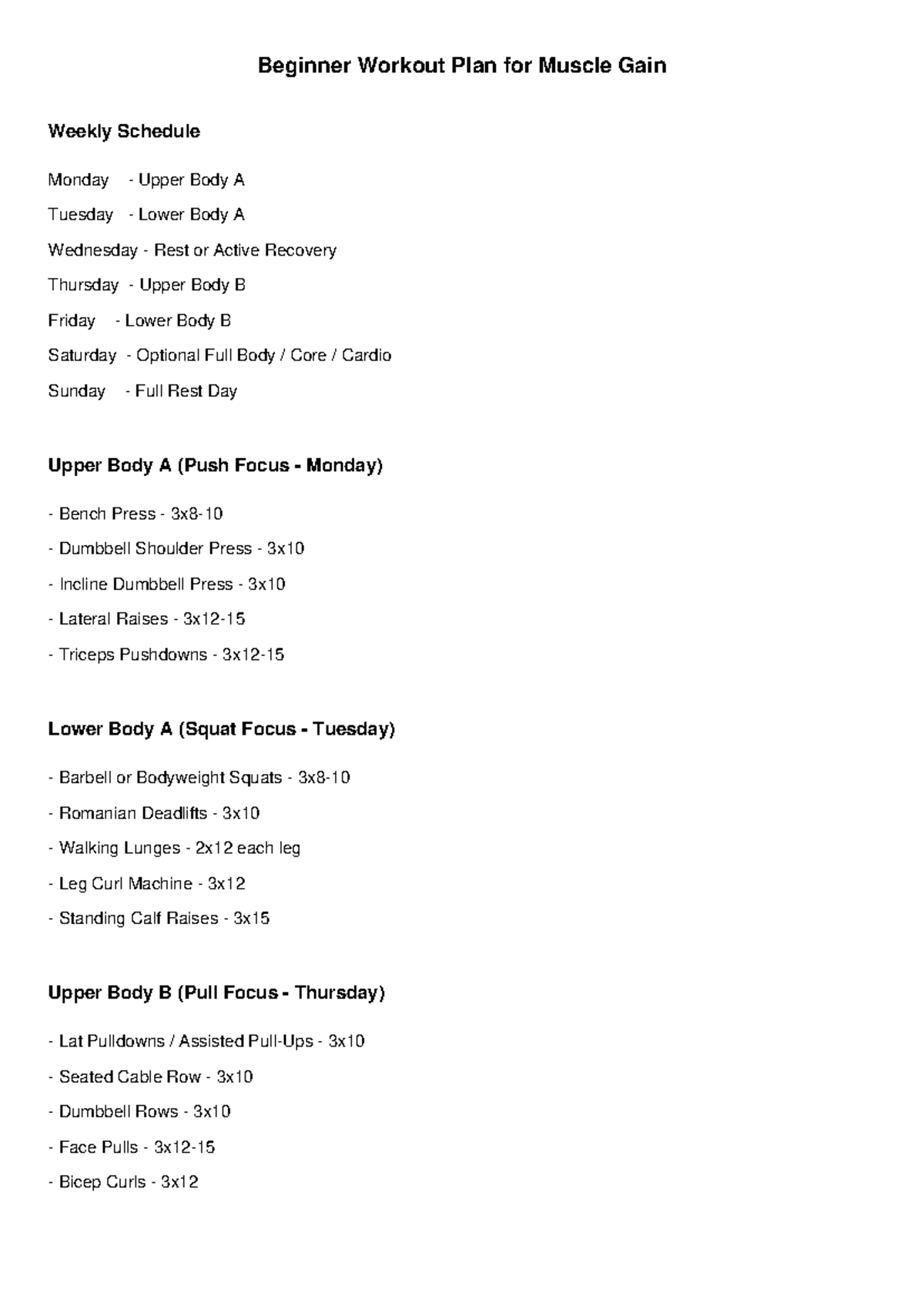 Beginner Workout Plan for Muscle Gain: Weekly Schedule - Studocu