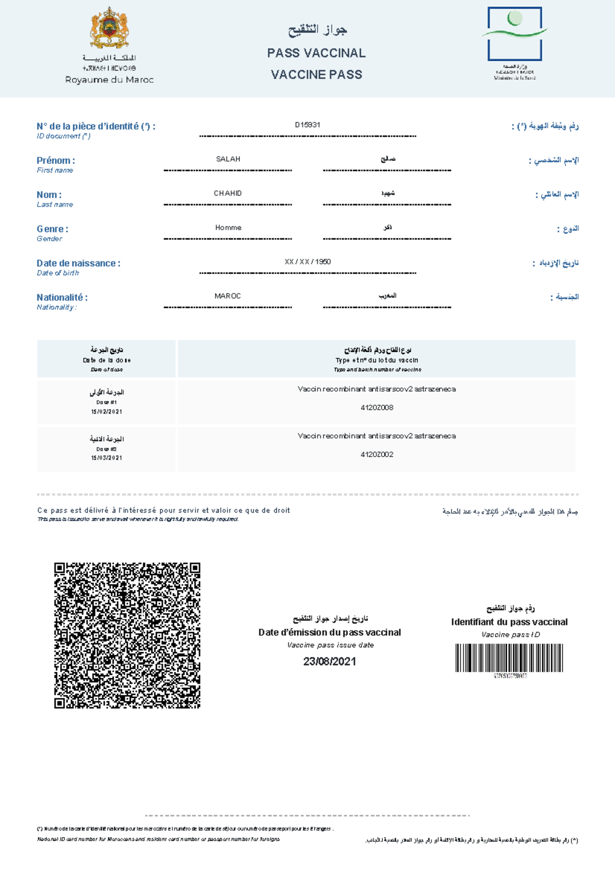 Pass Vaccinal D15931 - Vaccine Pass Document (Issued 23/08/2021) - Studocu