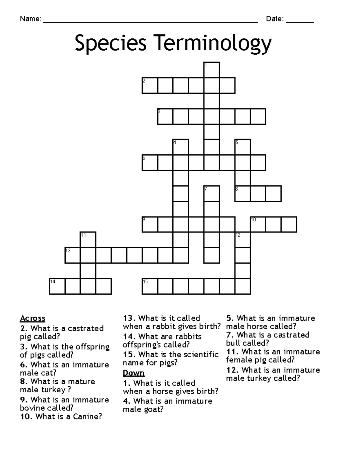 Animal Terminology Crossword Puzzle - Quiz Notes (Course Code: 1) - Studocu