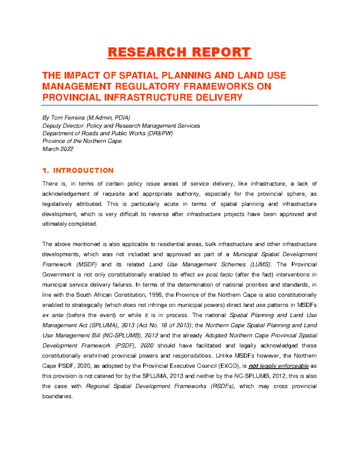 RESEARCH REPORT: IMPACT OF SPATIAL PLANNING & LAND USE MANAGEMENT ON ...