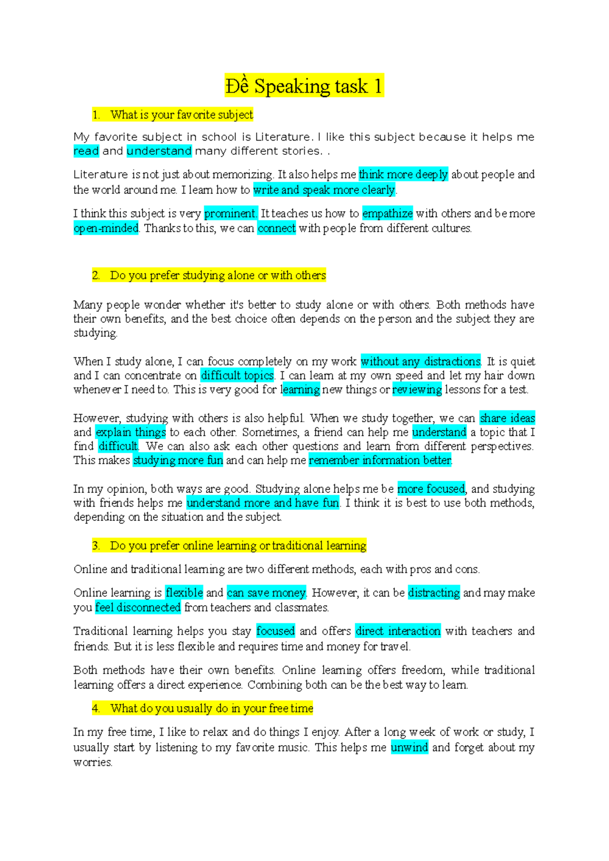 Đề Speaking Task 1: Favorite Subjects, Study Methods & Family - Studocu