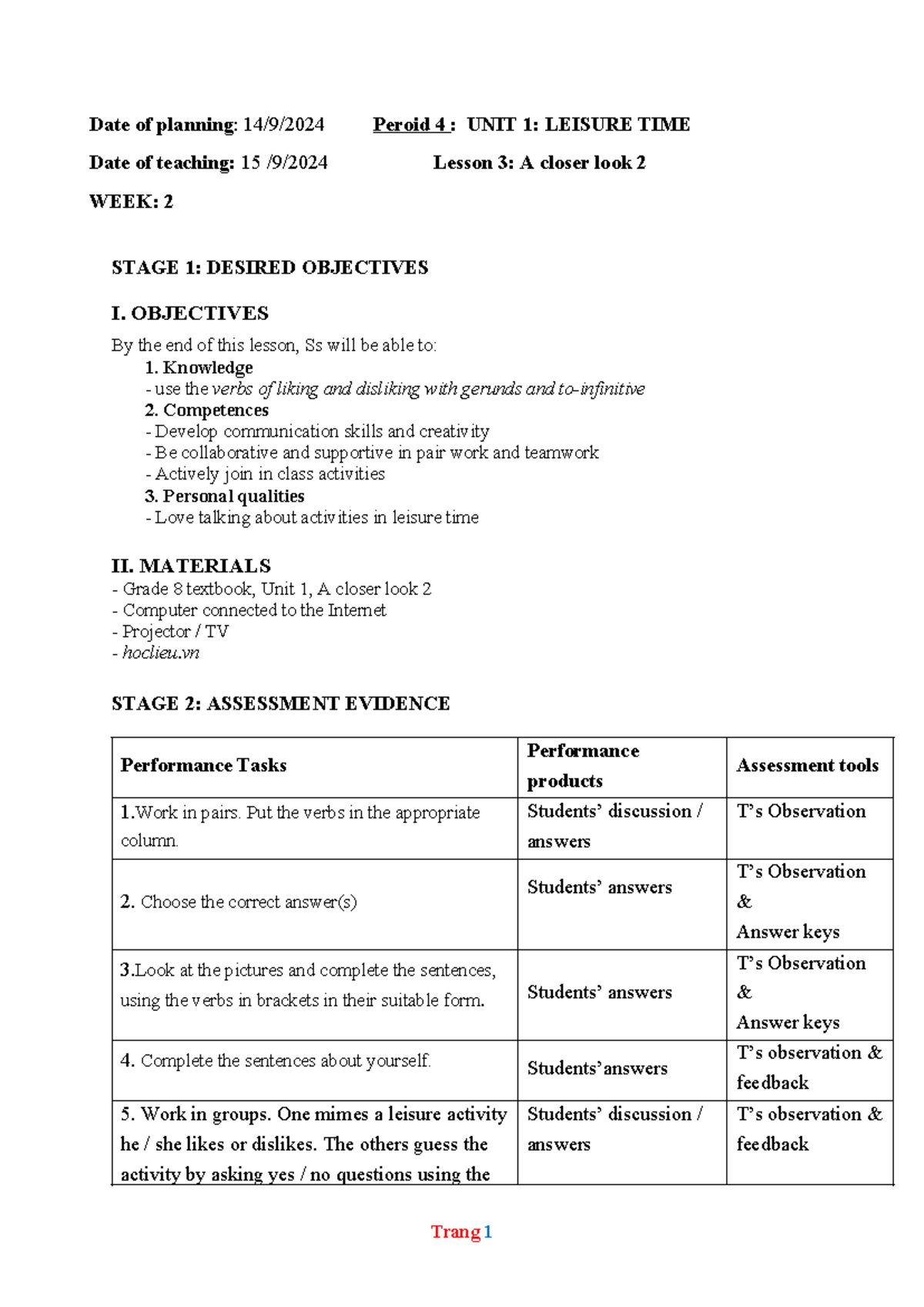 Grade 8 - Unit 1: Leisure Time - Lesson Plans & Activities - Studocu