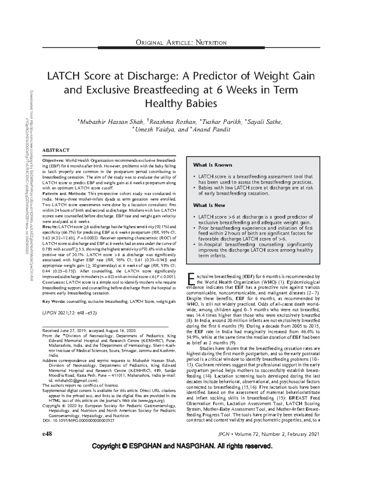 LATCH Score as a Predictor of Exclusive Breastfeeding & Weight Gain ...