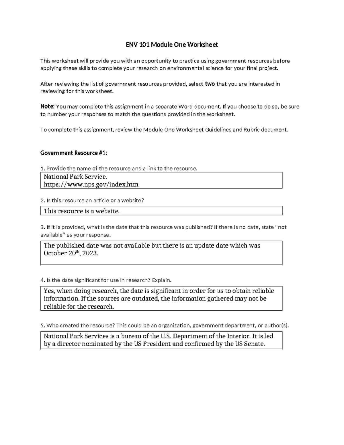 ENV 101 Module 1 Worksheet on Environmental Research Resources - Studocu
