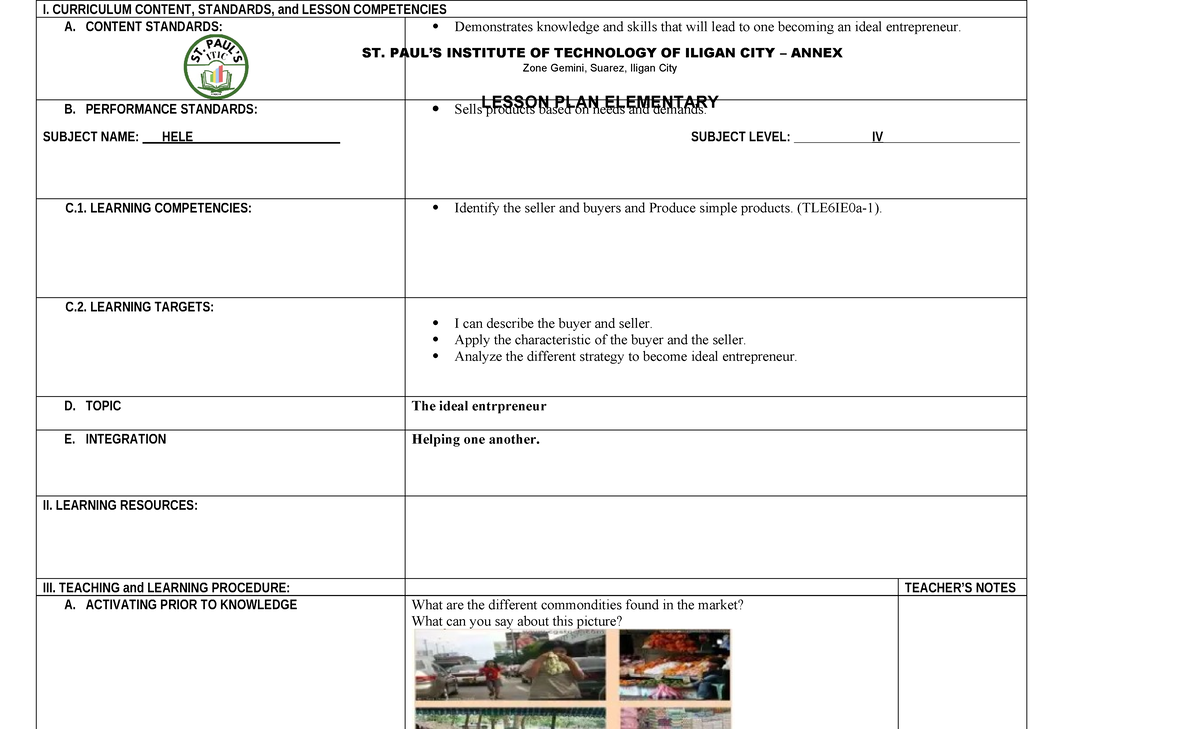 HELE lesson plan 1 - lecture - ST. PAUL’S INSTITUTE OF TECHNOLOGY OF ...