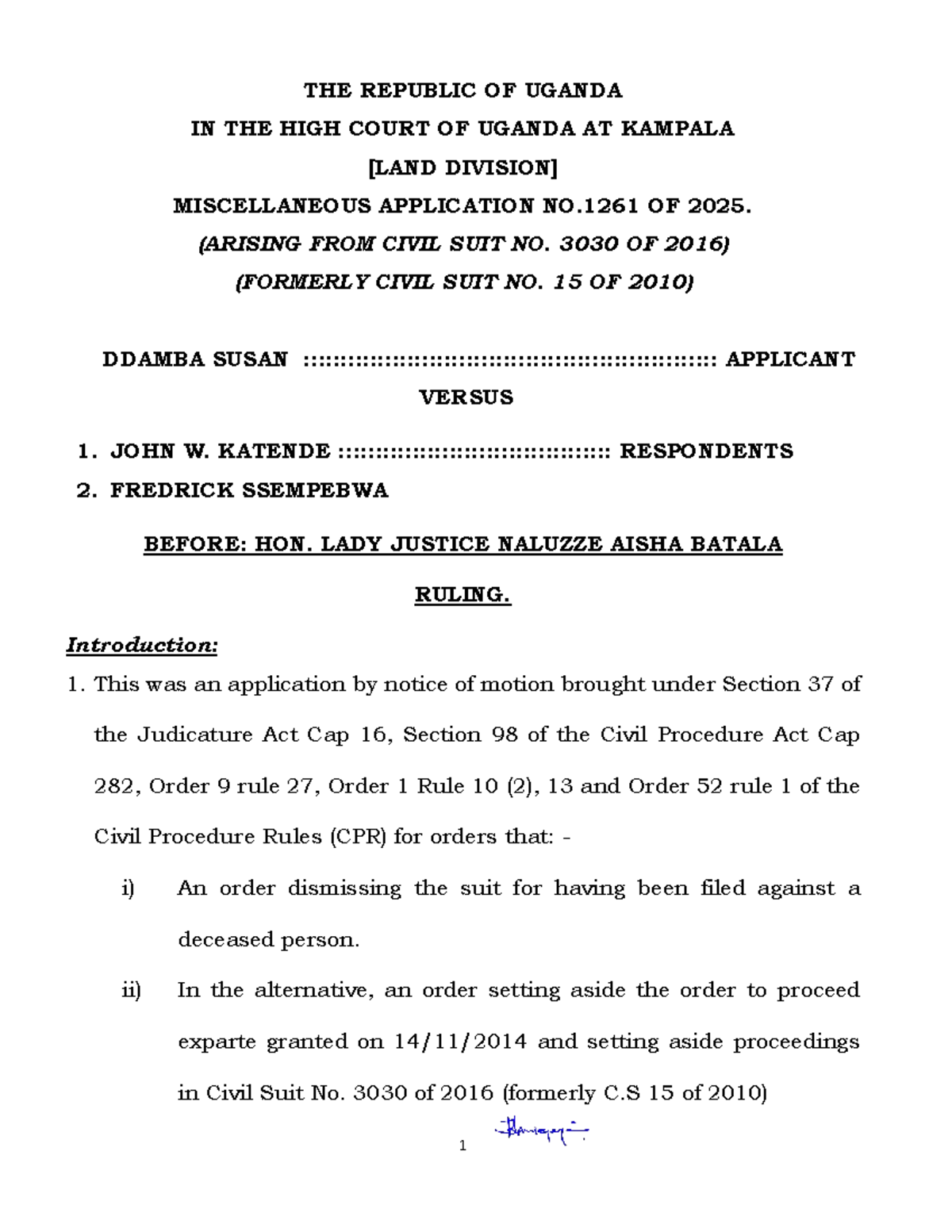 High Court Ruling: Ddamba Susan v. John W. Katende & Fredrick Ssempebwa ...