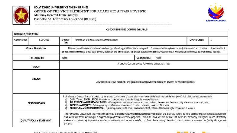 Foundations of Special and Inclusive Education Syllabus (EDUC 018 ...