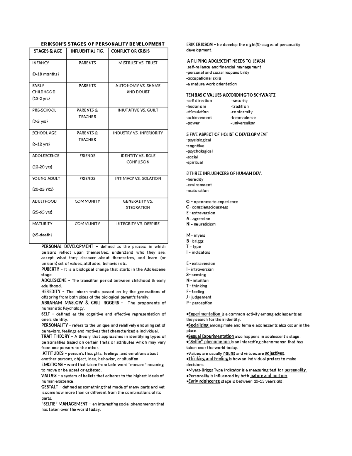 Perdev Reviewer Sem 1: Stages of Personality Development - Studocu