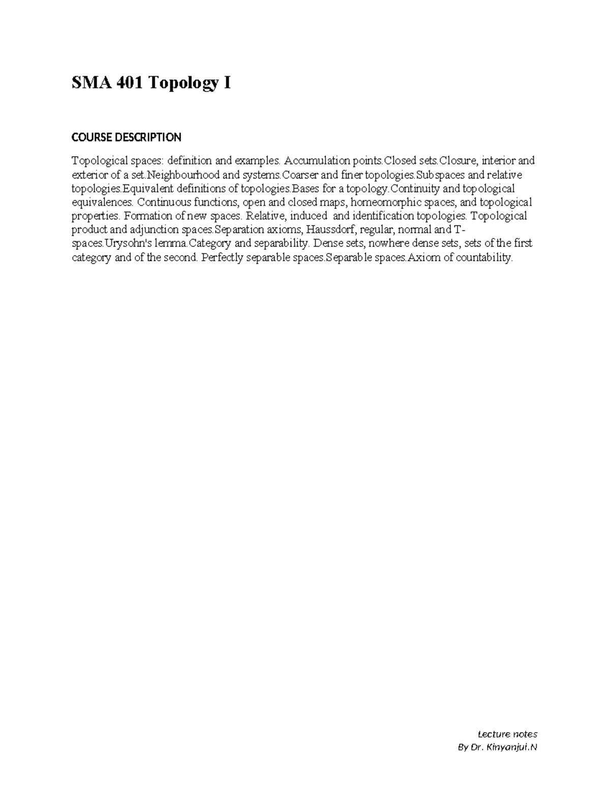 SMA 401 Topology I Notes - SMA 401 Topology I COURSE DESCRIPTION ...