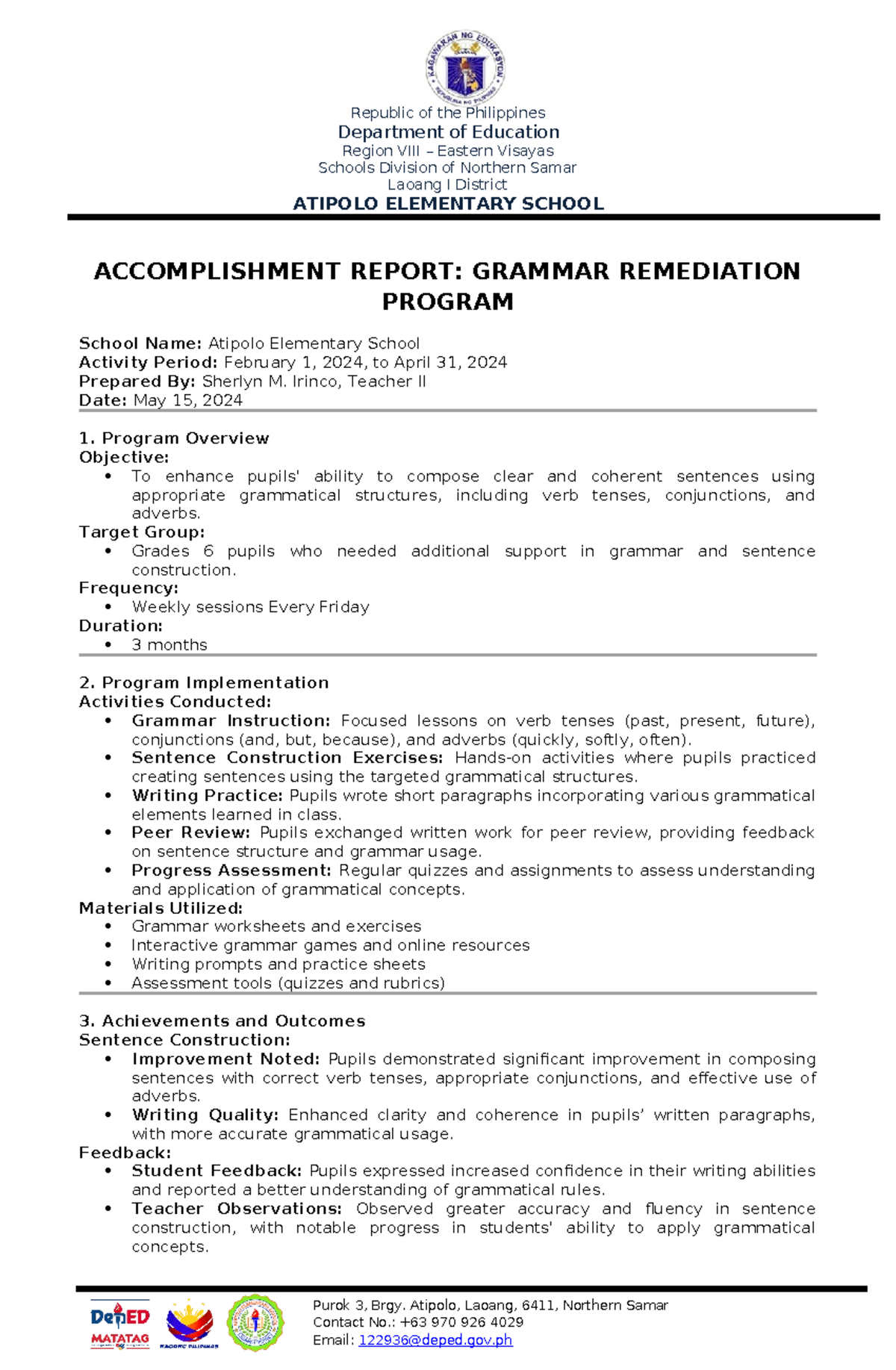 Grammar Remediation Accomplishment Report for Atipolo Elem. School (Feb ...