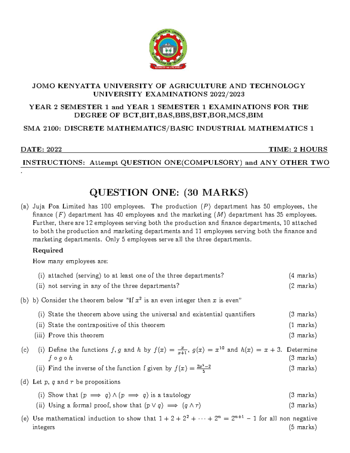 SMA 2100: Discrete Industrial Mathematics 1 Exam Paper - Year 1 & 2 ...