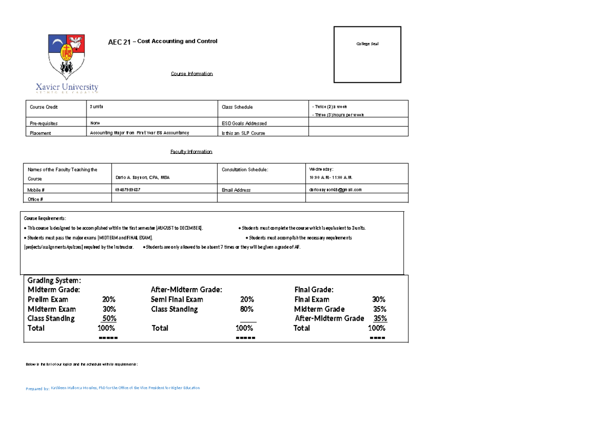 AEC 21 Cost Accounting & Control Course Outline AY 25-26 - Studocu