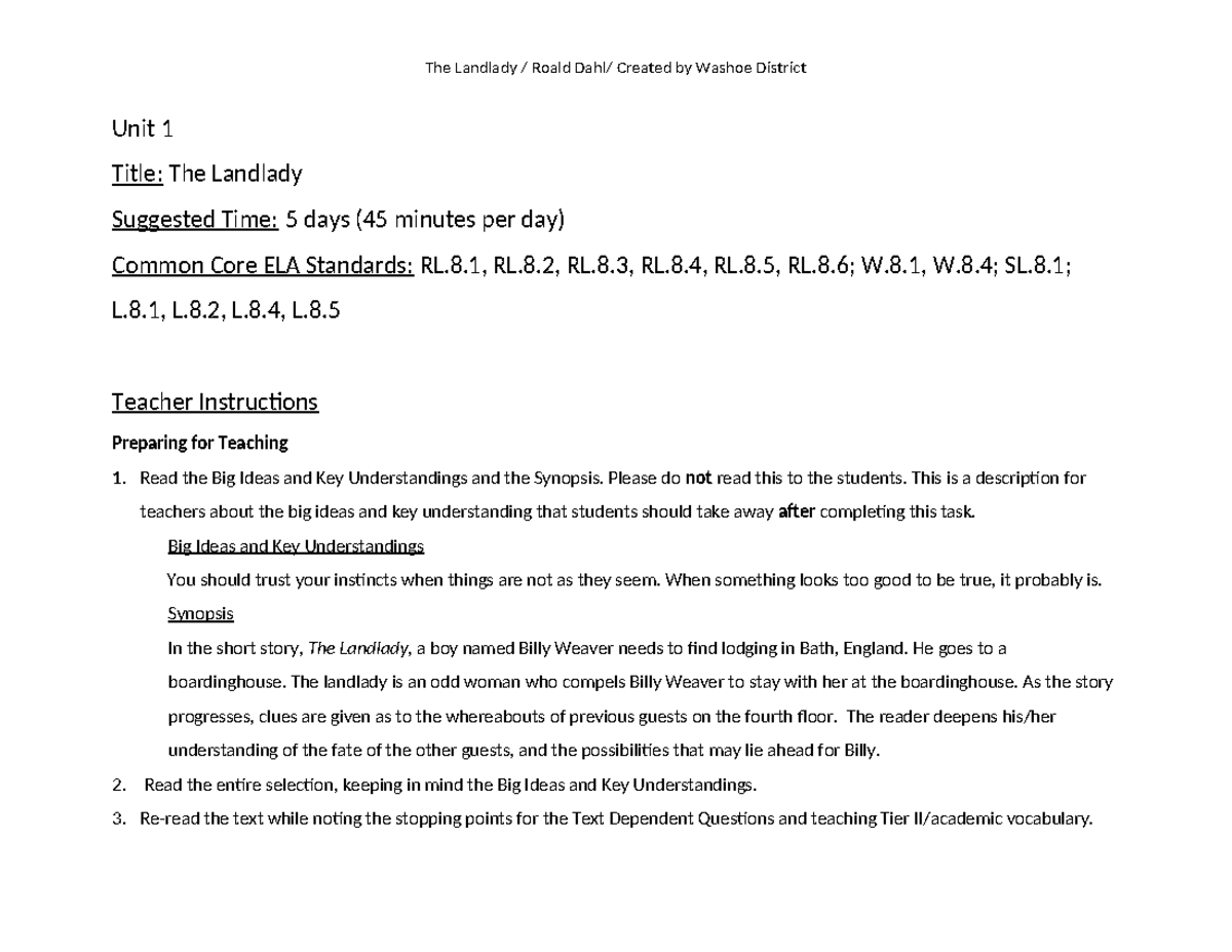 8. Landlady. lesson - Anthology - Unit 1 Title: The Landlady Suggested ...