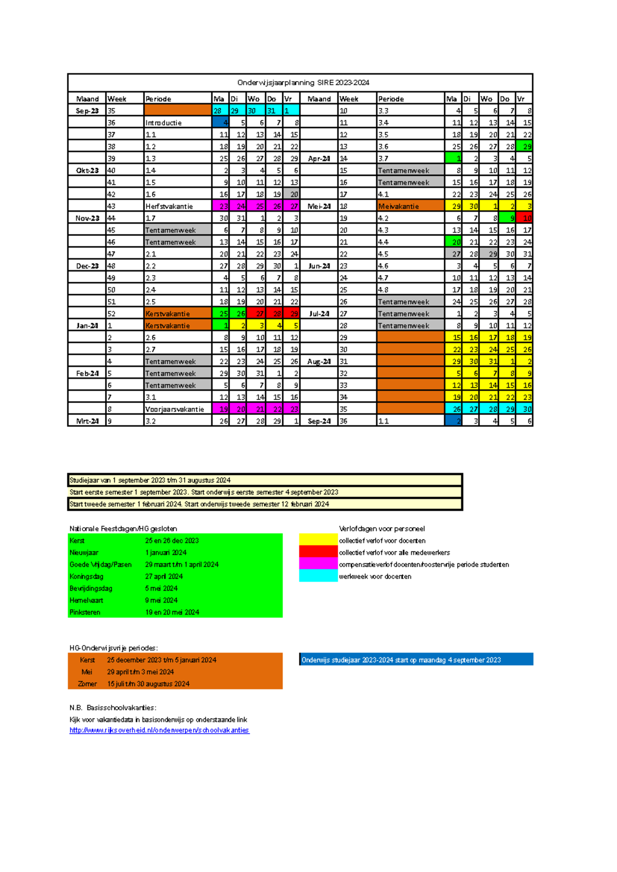 Onderwijsjaarplanning SIRE 2023-2024: Maand en Weekoverzicht - Studeersnel