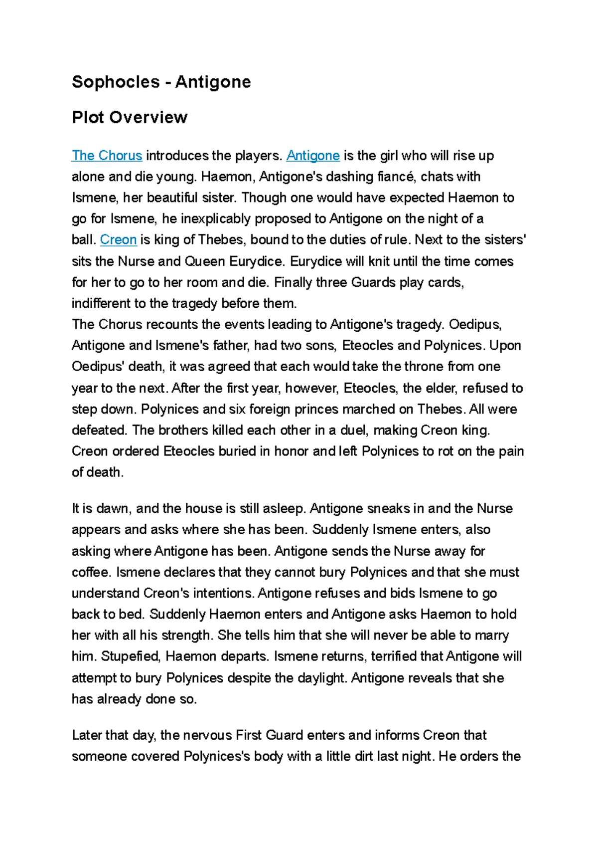 Sophocles - Antigone - Plot overview - Sophocles Antigone Plot Overview ...