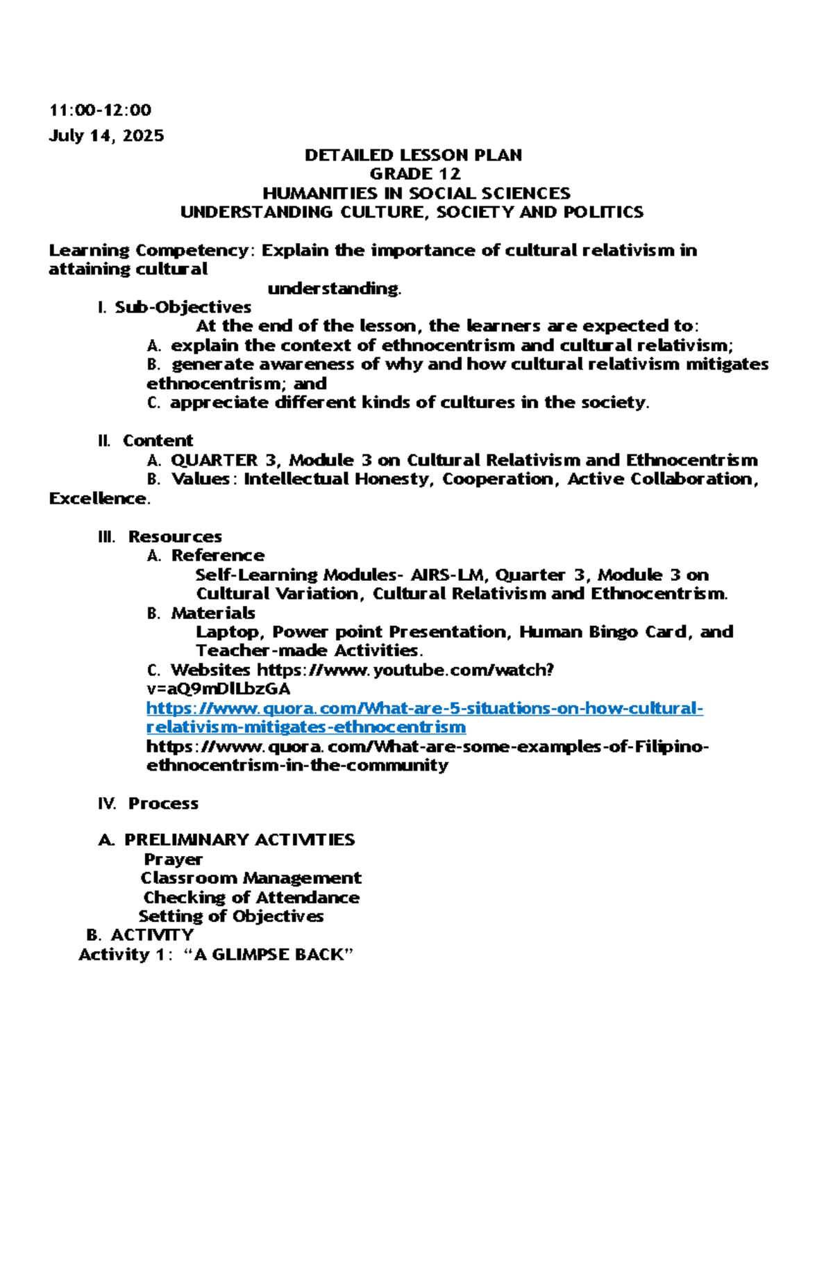 Grade 12 Humanities Lesson Plan: Cultural Relativism & Ethnocentrism - Studocu