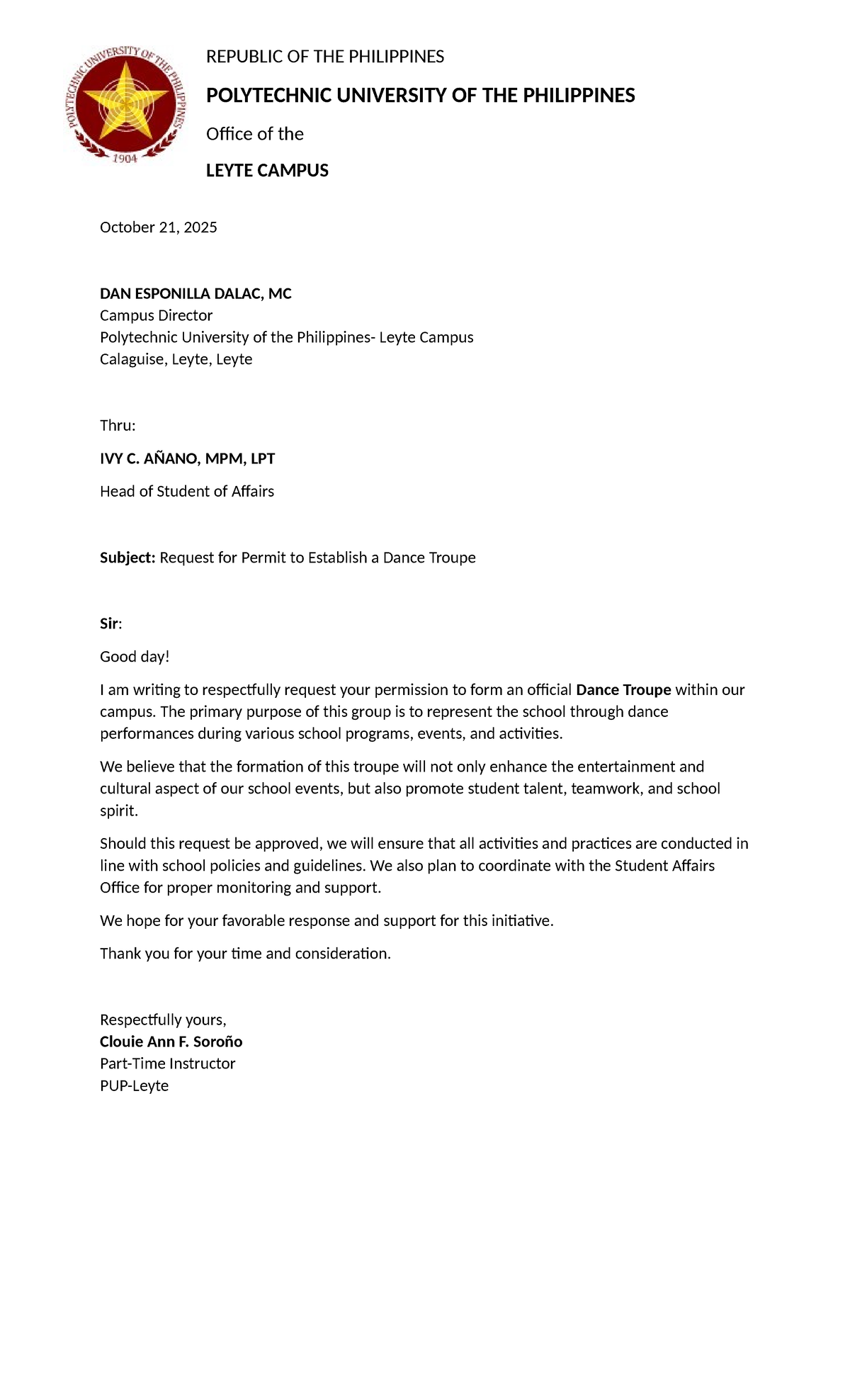 Request for Permit to Establish Dance Troupe - PUP Leyte Campus - Studocu