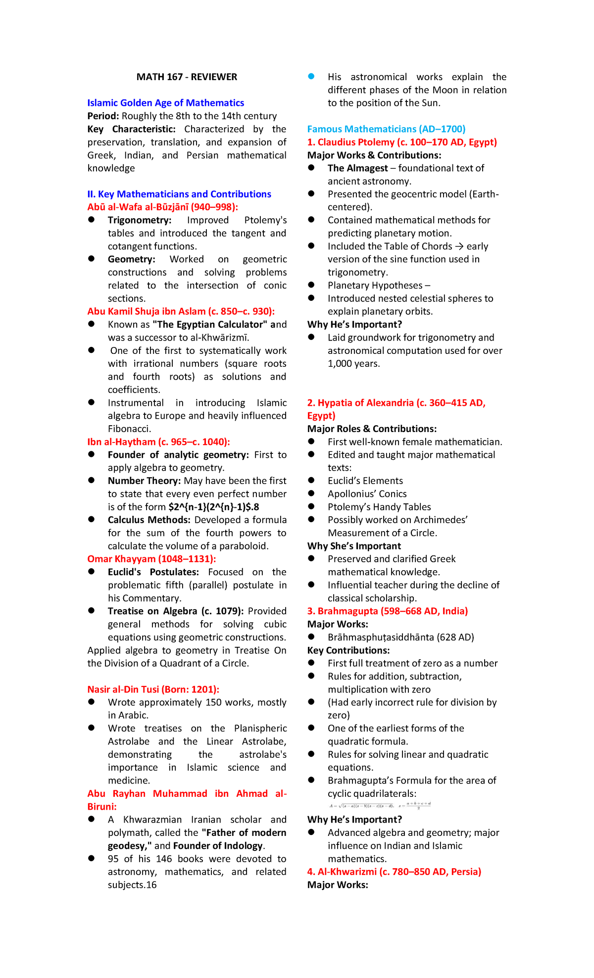MATH 167 - Reviewer: The Islamic Golden Age of Mathematics - Studocu