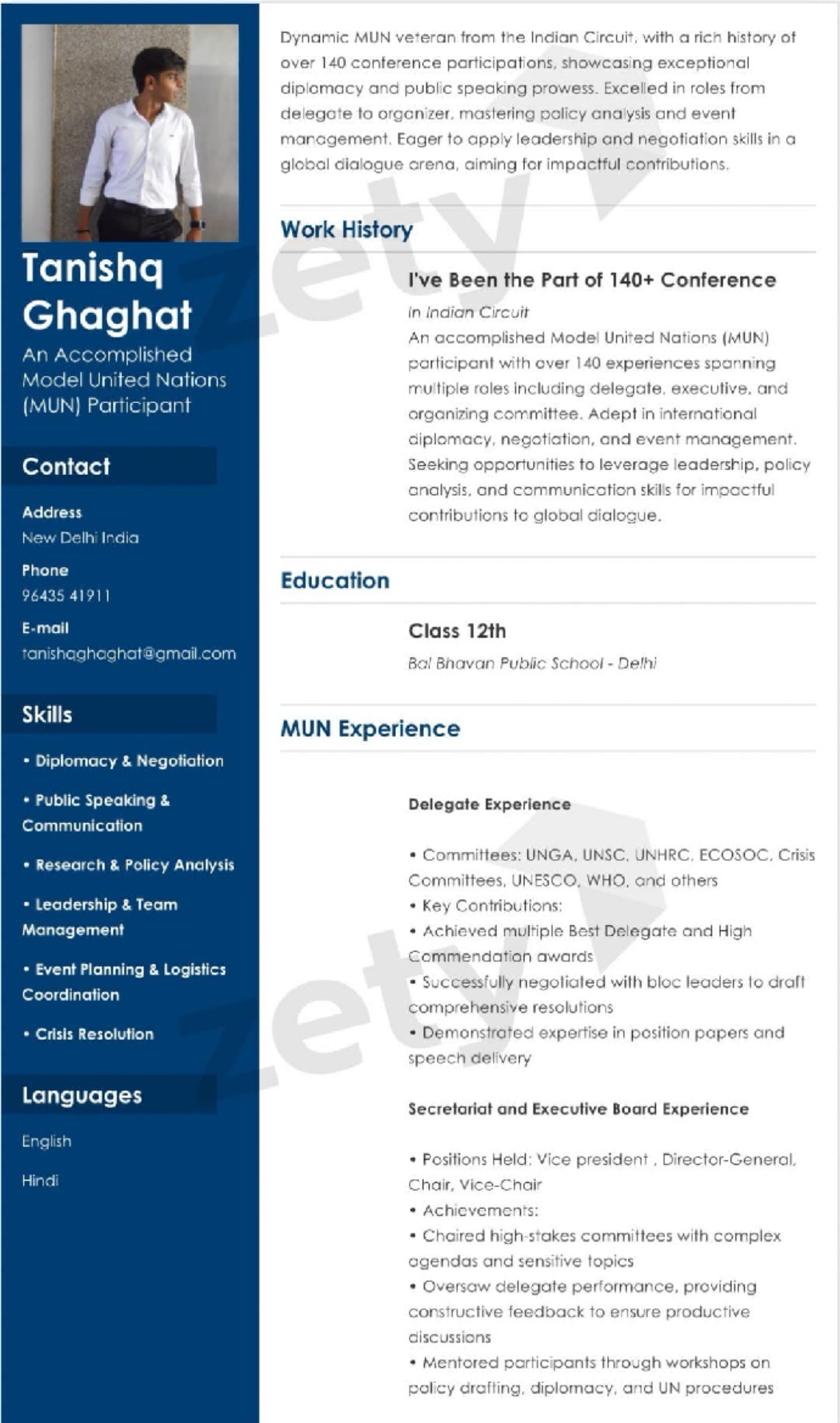 MUN CV 2024 - Accomplished Delegate with Extensive Experience - Studocu