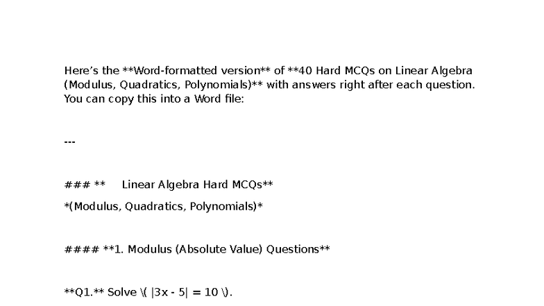Hard MCQs on Linear Algebra (MATH 201) - Quadratics & Modulus - Studocu