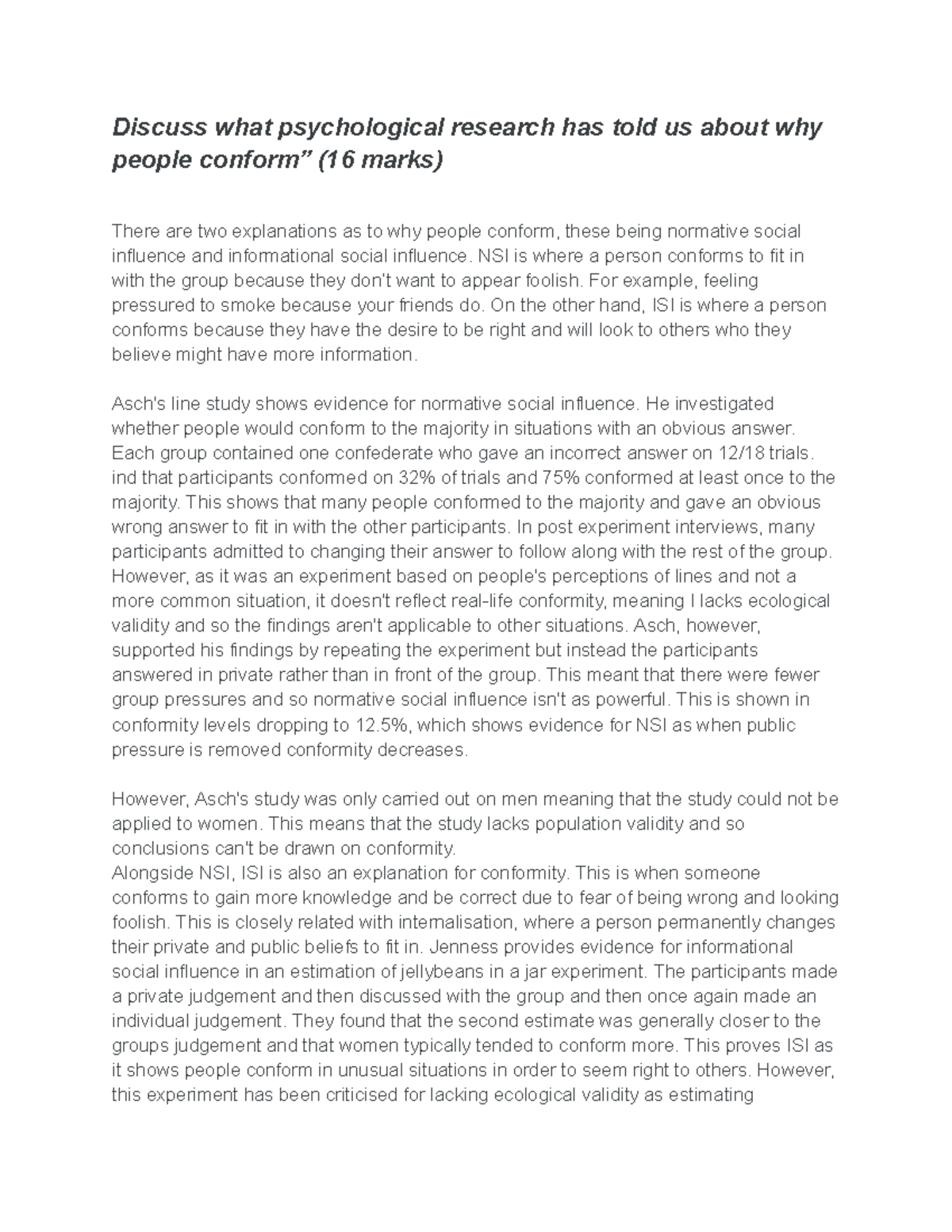 Psychological Research on Conformity: Jefferson 16 Marker Analysis ...