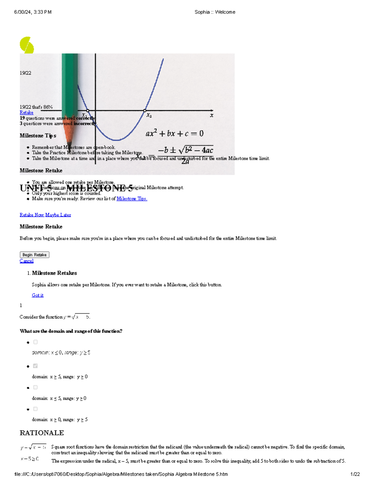 Algebra Milestone 5 Review and Retake Strategies - Studocu