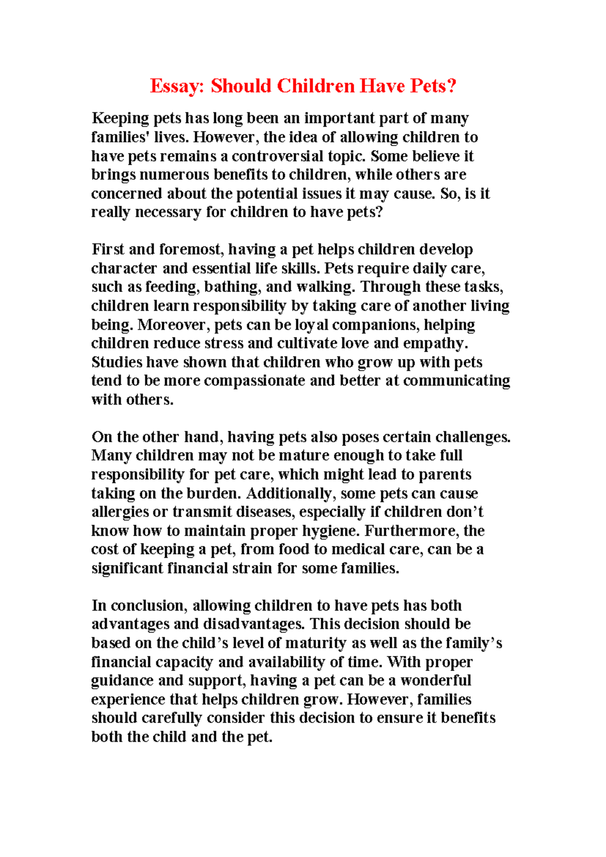Arguement essay - Essay: Should Children Have Pets? Keeping pets has ...