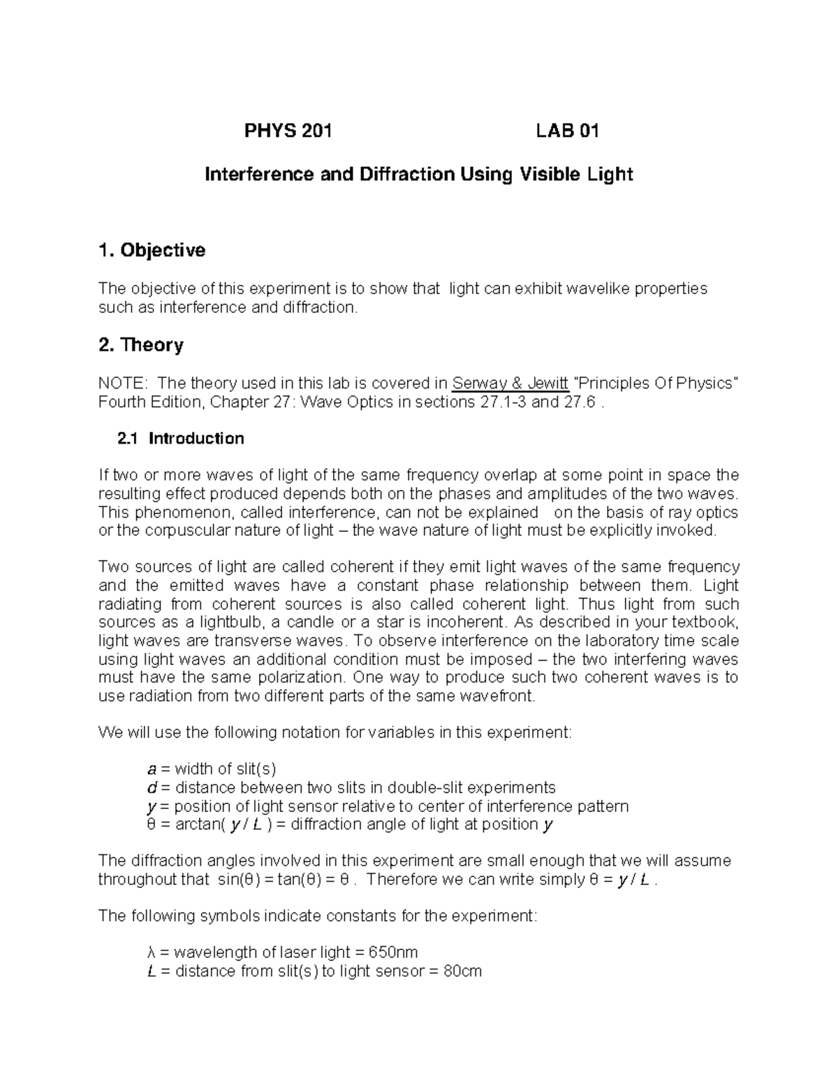 PHYS 201 Lab 01: Interference & Diffraction of Visible Light - Studocu