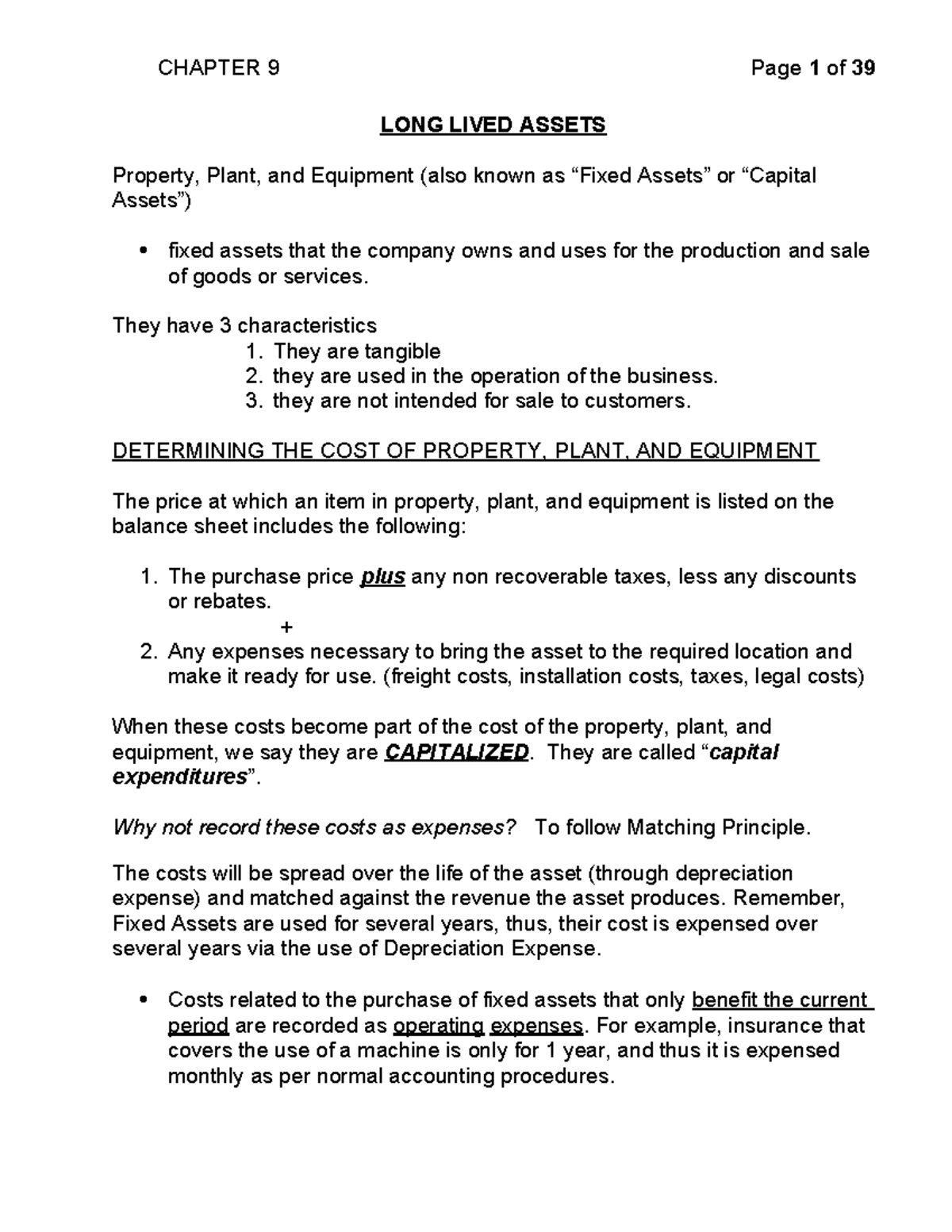 Chapter 9: Long-Lived Assets - Property, Plant, and Equipment Overview ...