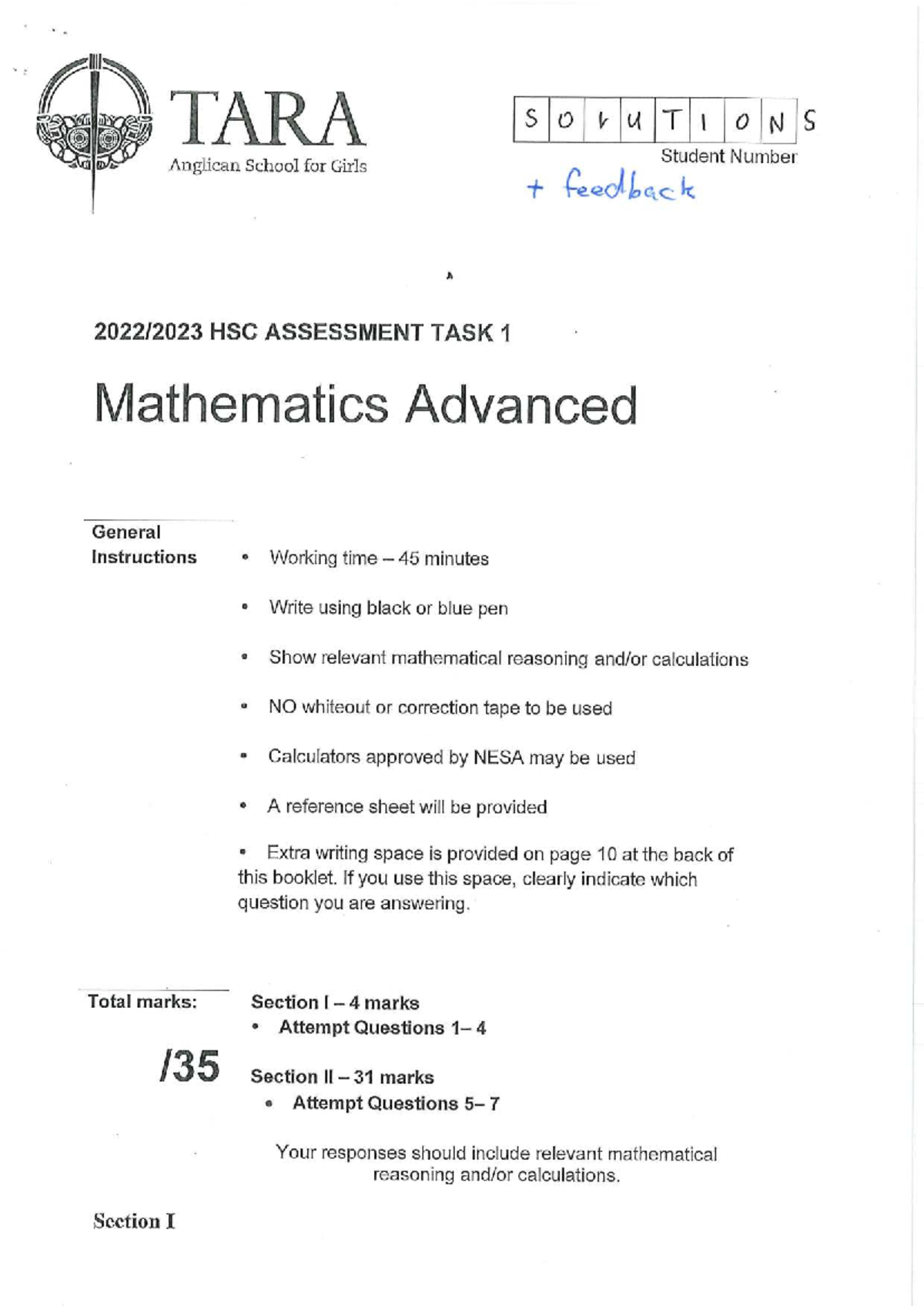 2022-2023 HSC Mathematics Advanced Task 1 - Solutions & Feedback - Studocu