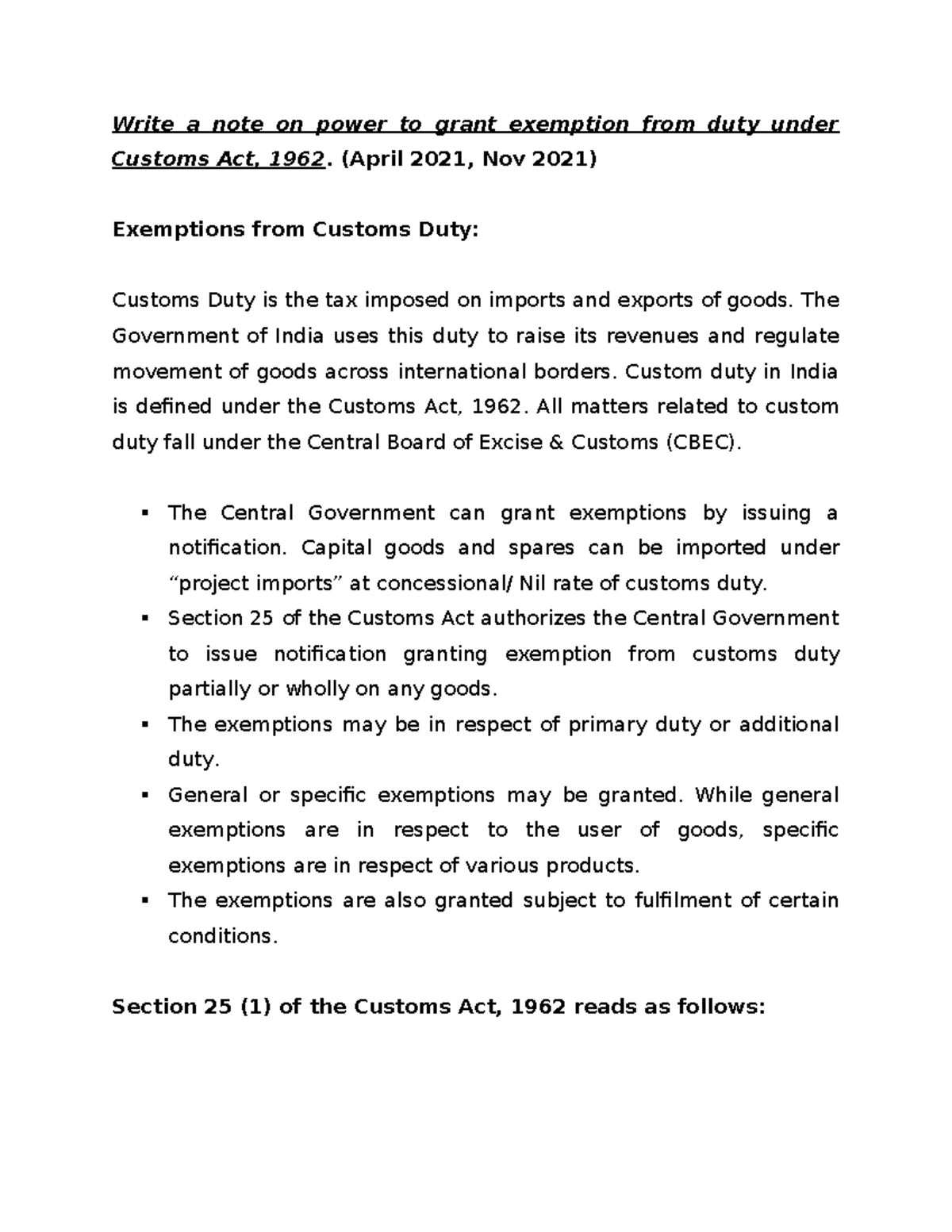 Customs Act 1962: Duty Exemptions & Government Notifications - Studocu