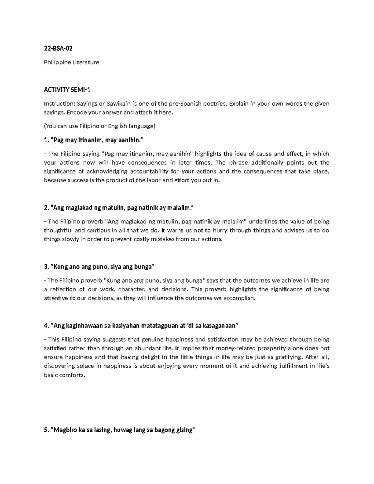 Reading in Philippine History - 22-BSA- Philippine Literature ACTIVITY ...