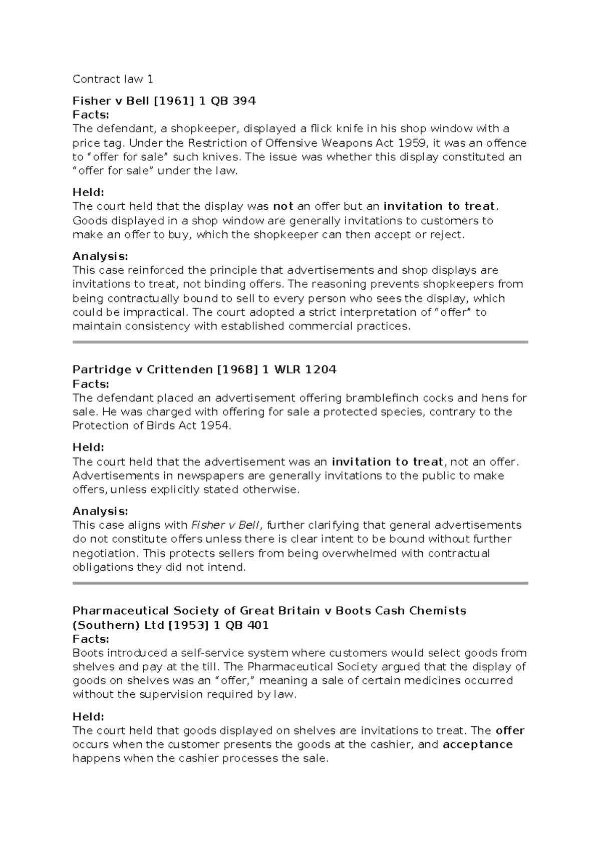 Contract Law 1: Key Cases and Principles Summary - Studocu