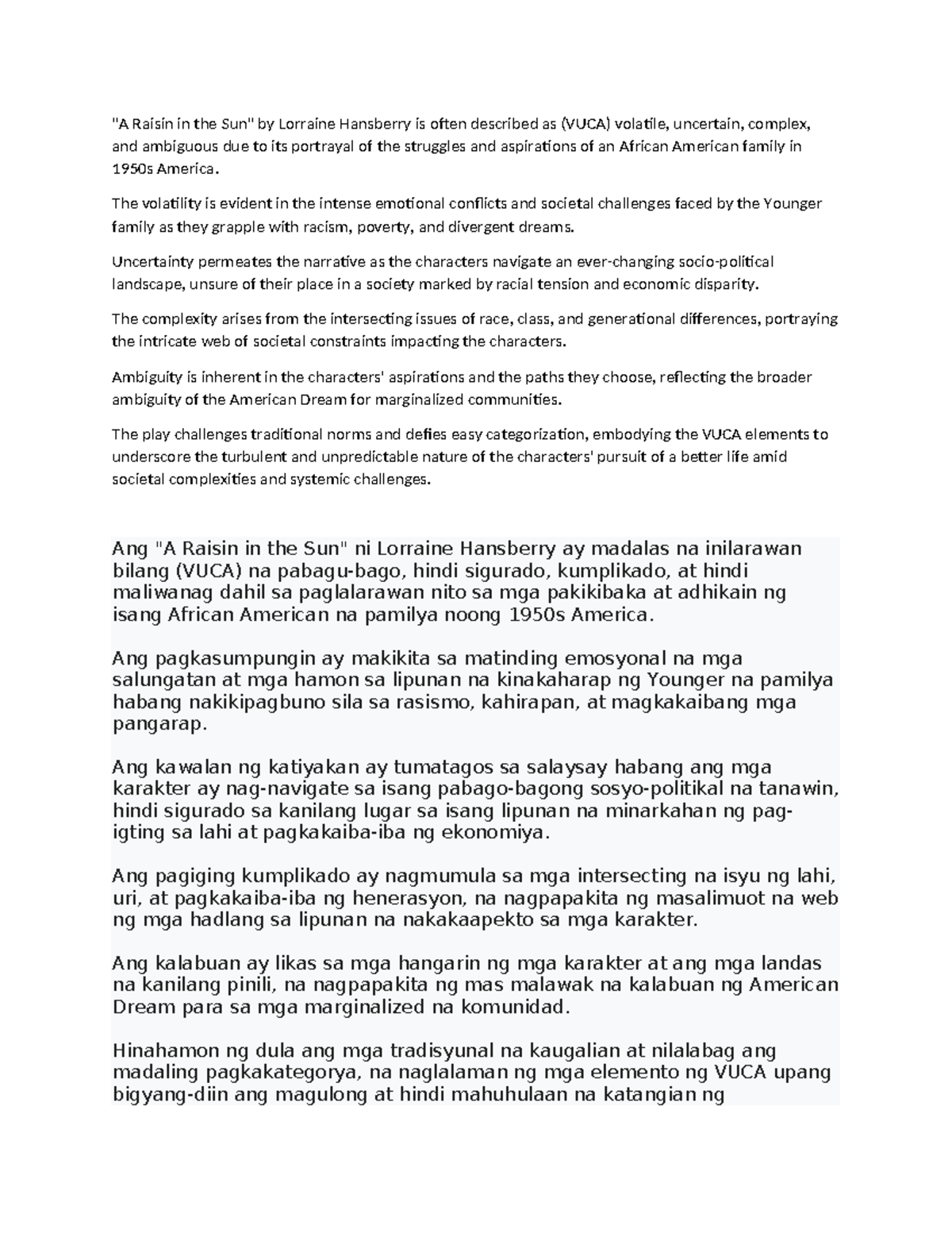 TTL 1 Lesson 1: VUCA Analysis of "A Raisin in the Sun" by Lorraine ...