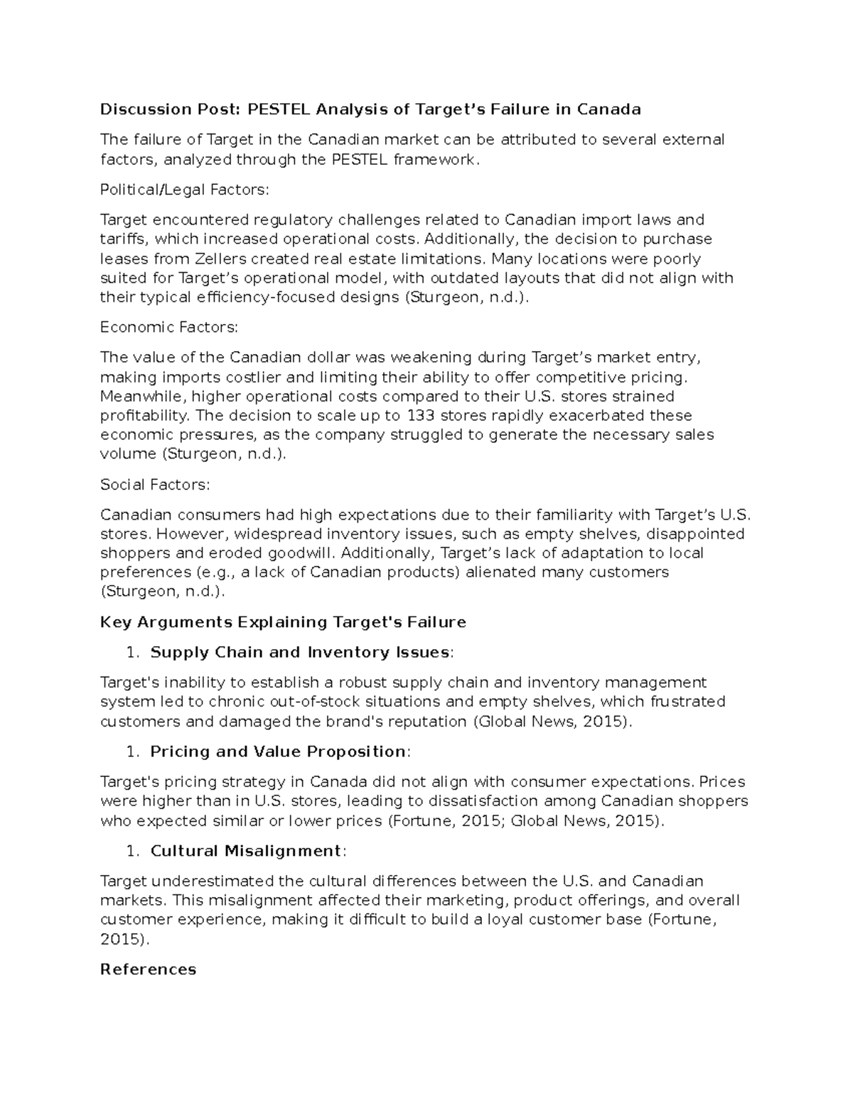 PESTEL Analysis of Target's Canadian Market Failure Discussion - Studocu