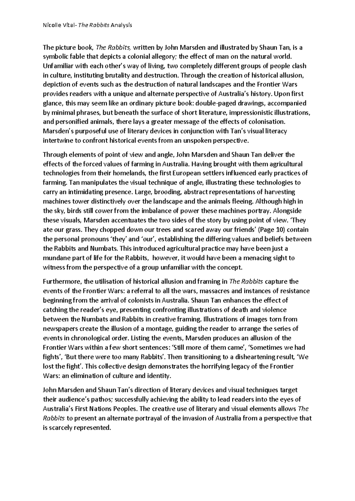 ENG 101: Analysis of "The Rabbits" by John Marsden and Shaun Tan - Studocu