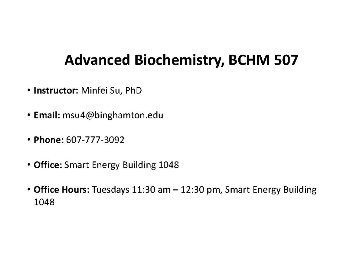 Advanced Biochemistry Course Outline & Lecture Schedule (BCHM 507 ...