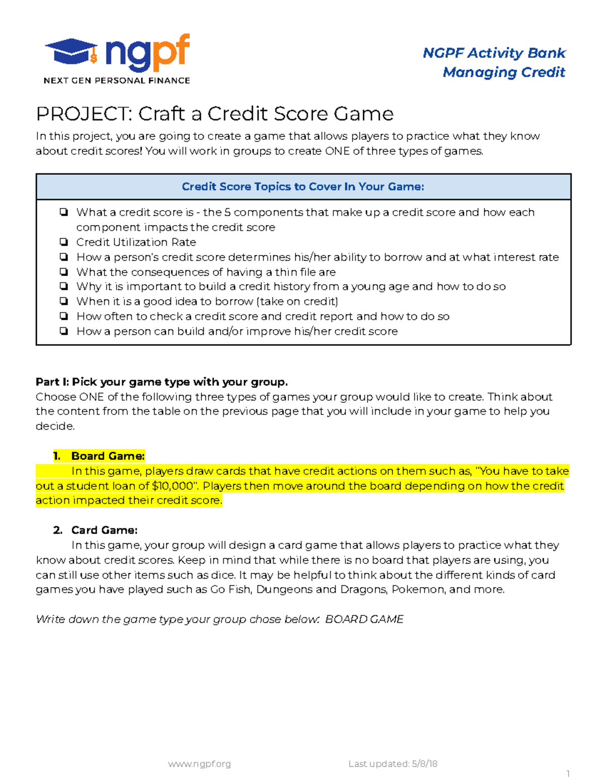 Project: Craft a Credit Score Game (NGPF AM) - Group Activity Guide ...
