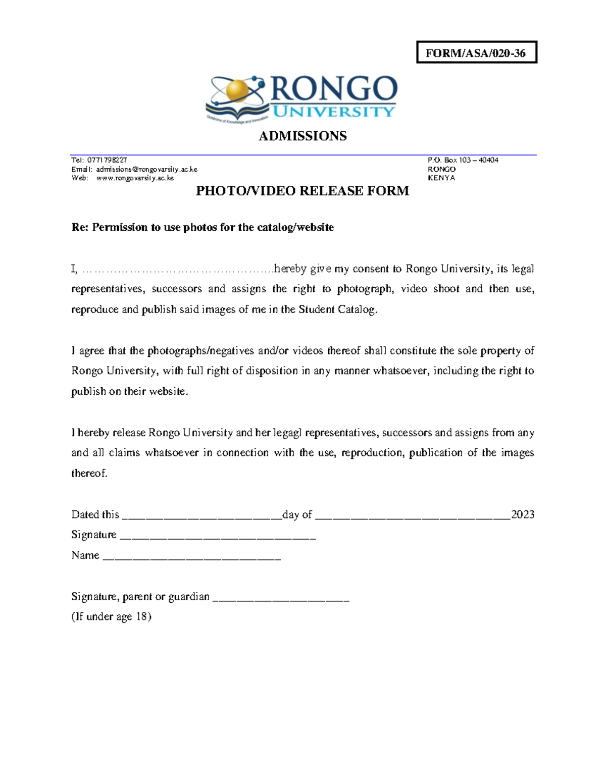 Rongo University Photo & Video Release Form for Admissions - Studocu