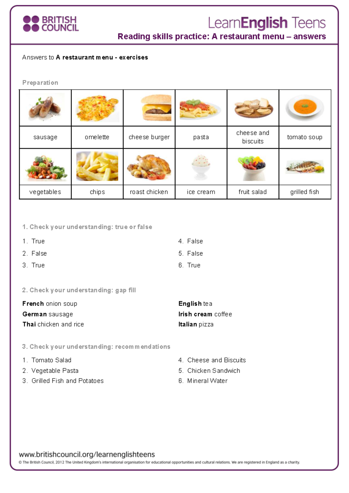 Reading Skills Practice: A Restaurant Menu Answers - Studocu