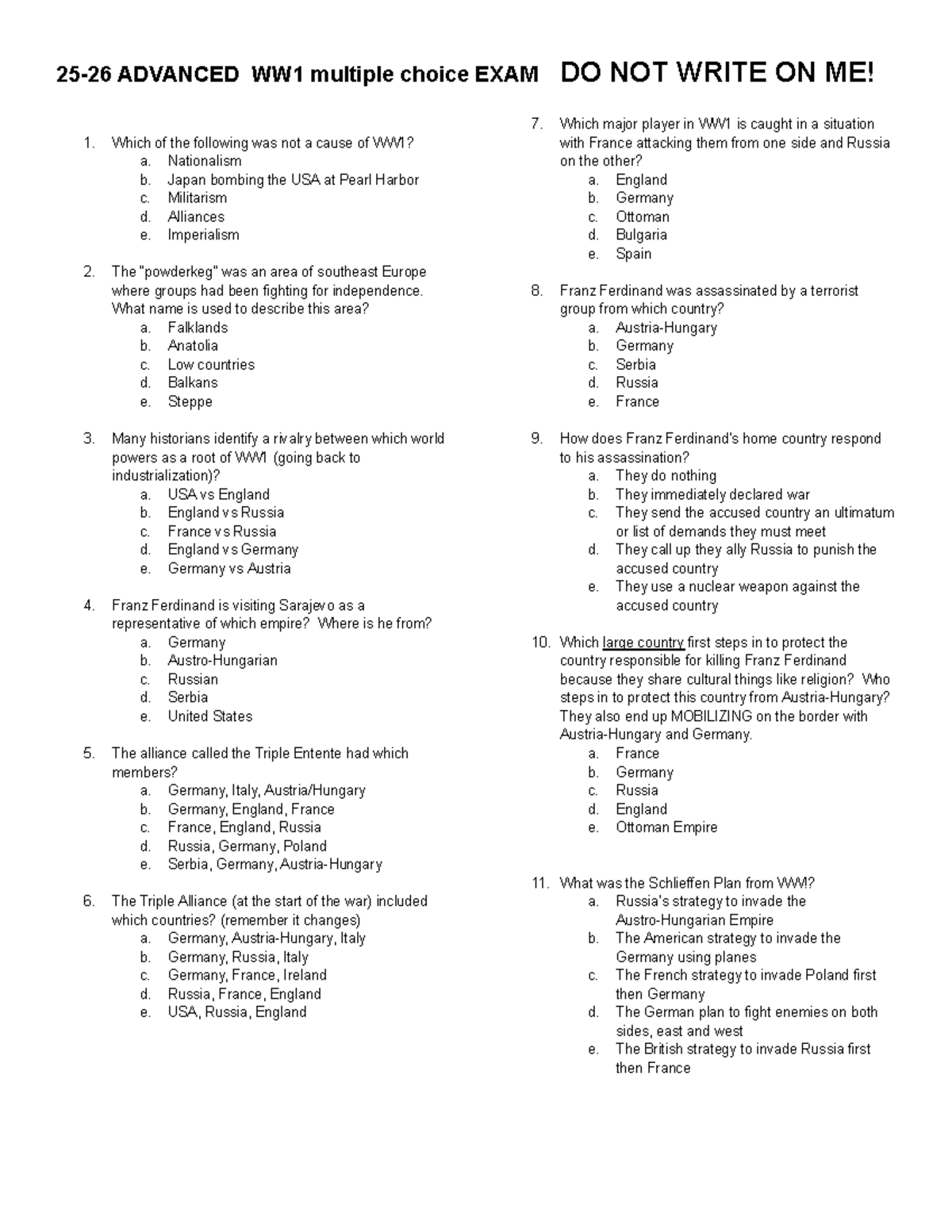 25-26 Advanced WW1 Multiple Choice Exam - Studocu