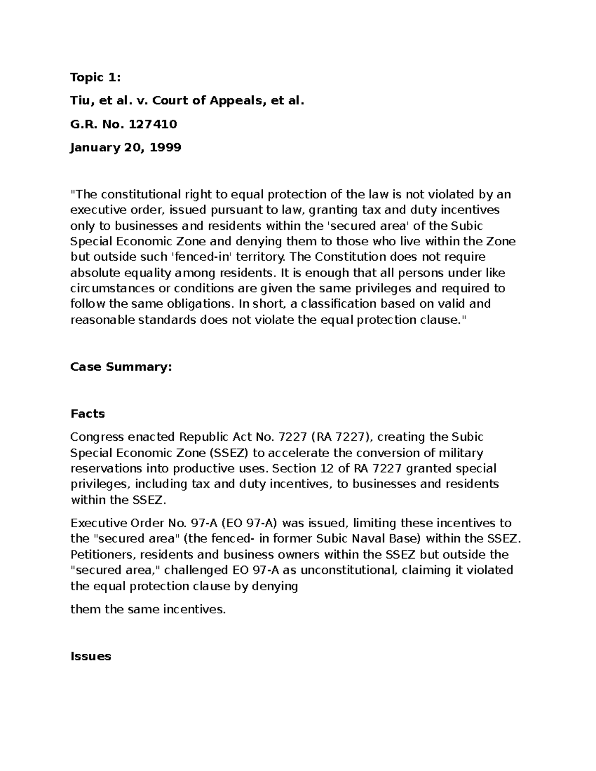 Tiu v. Court of Appeals: Equal Protection & Economic Zones Analysis ...