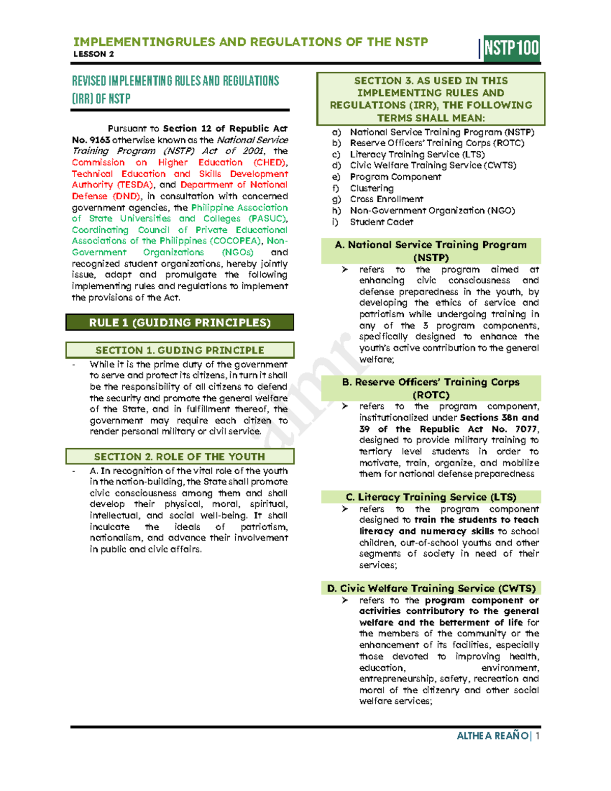 NSTP100 Lesson 2: Revised Implementing Rules and Regulations Review - Studocu