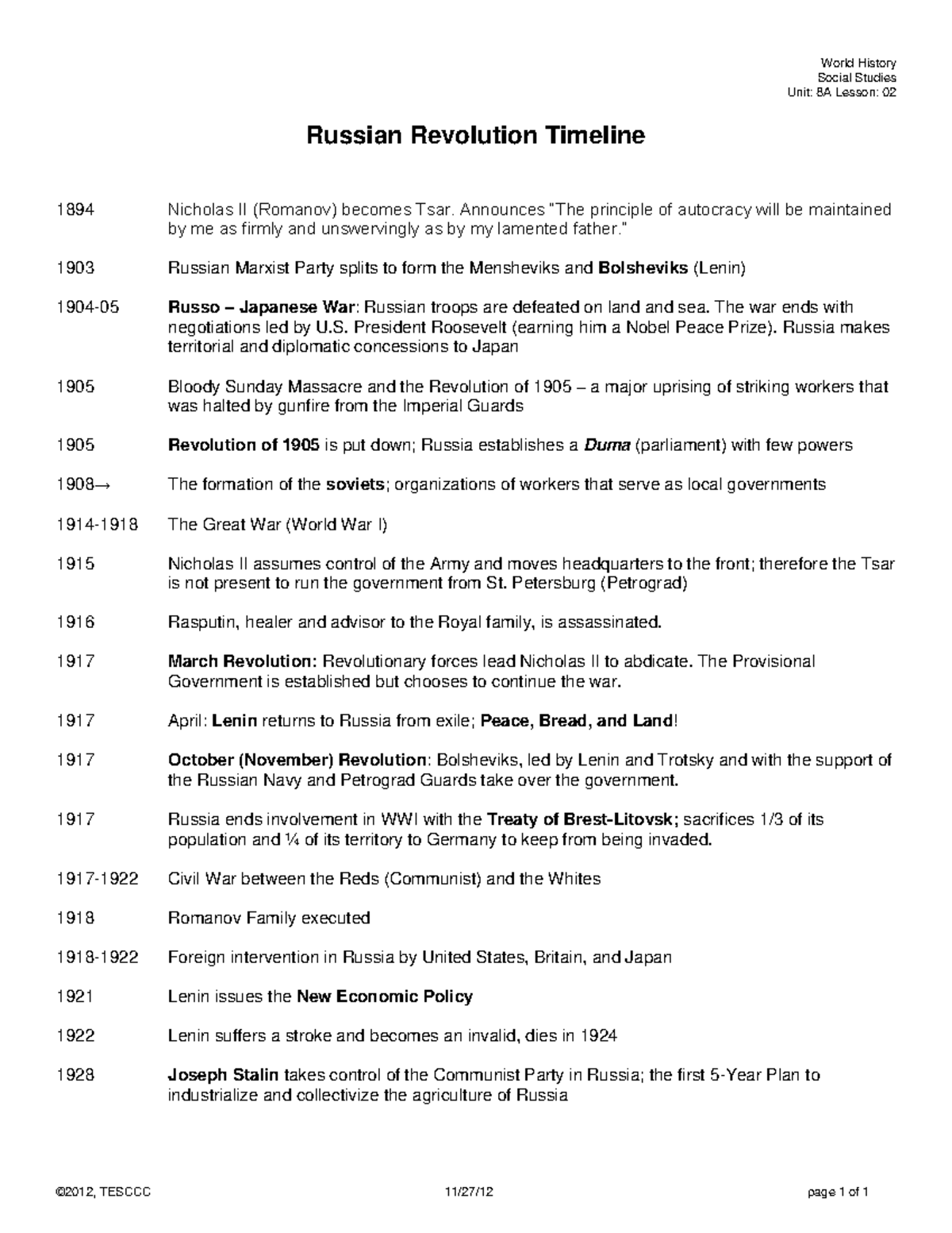 Russian Revolution Timeline - World History Unit 8A Lesson 02 - Studocu