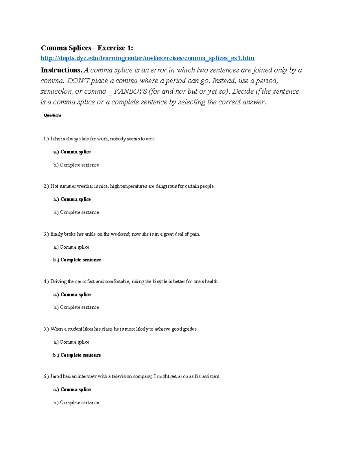 Extra Credit #3: Comma Splices Exercises and Solutions - Studocu