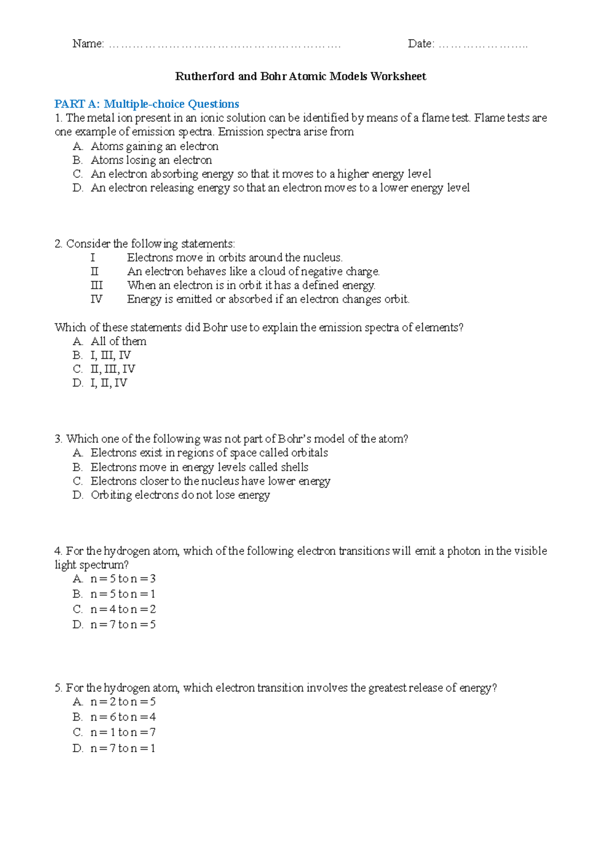 Rutherford and Bohr Atomic Models Worksheet - Flame tests are one ...
