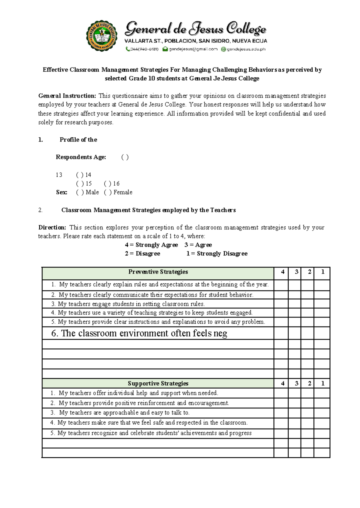 Research Questionnaire on Classroom Management Strategies (Grade 10 ...