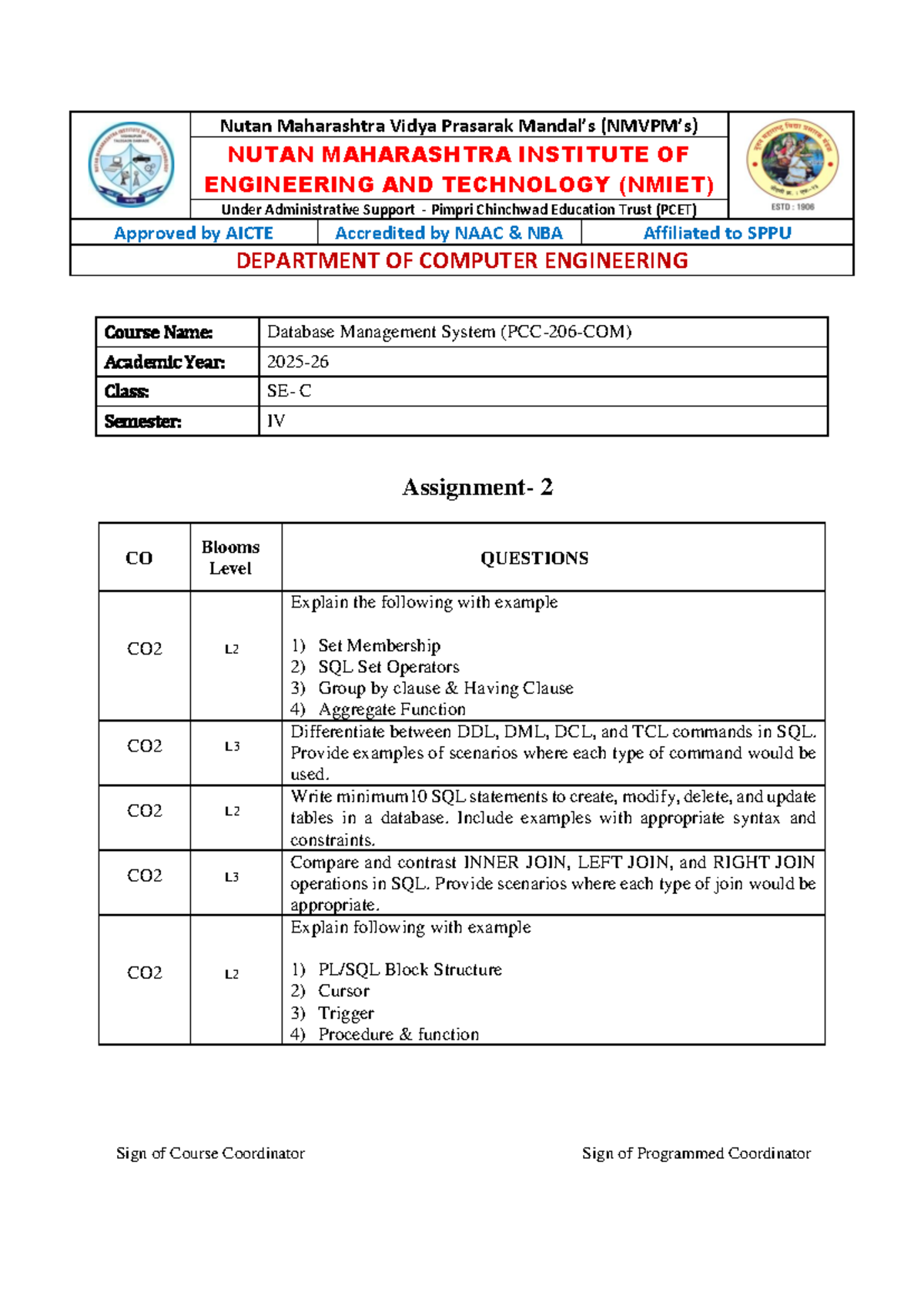 Assignment 2: DBMS Concepts and SQL Operations - NMIET CSE Sem IV - Studocu